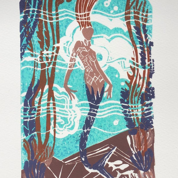 Mermaid Linocut - Etsy