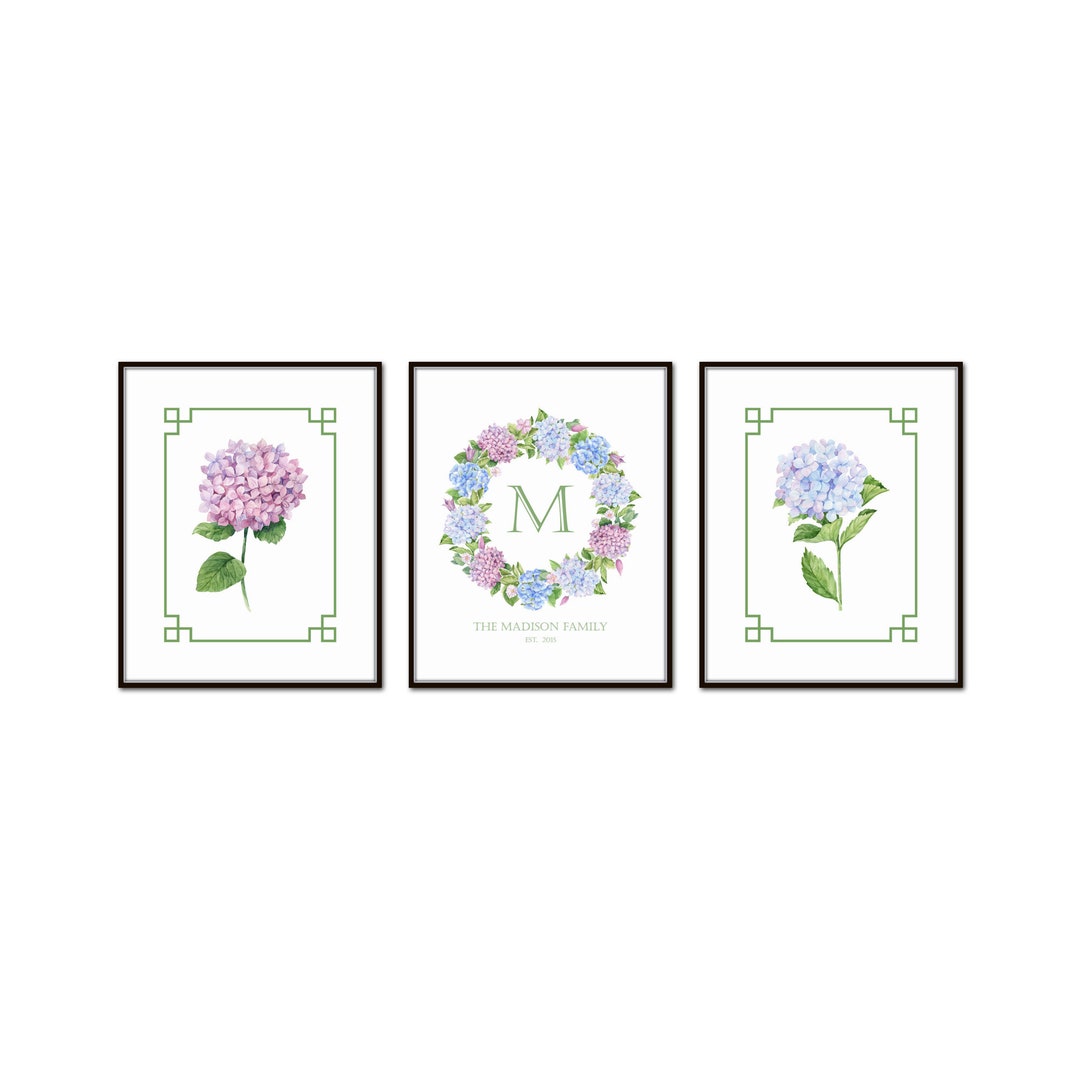 Custom Monogram Chinoiserie Pink and Blue Hydrangea Print Set ...