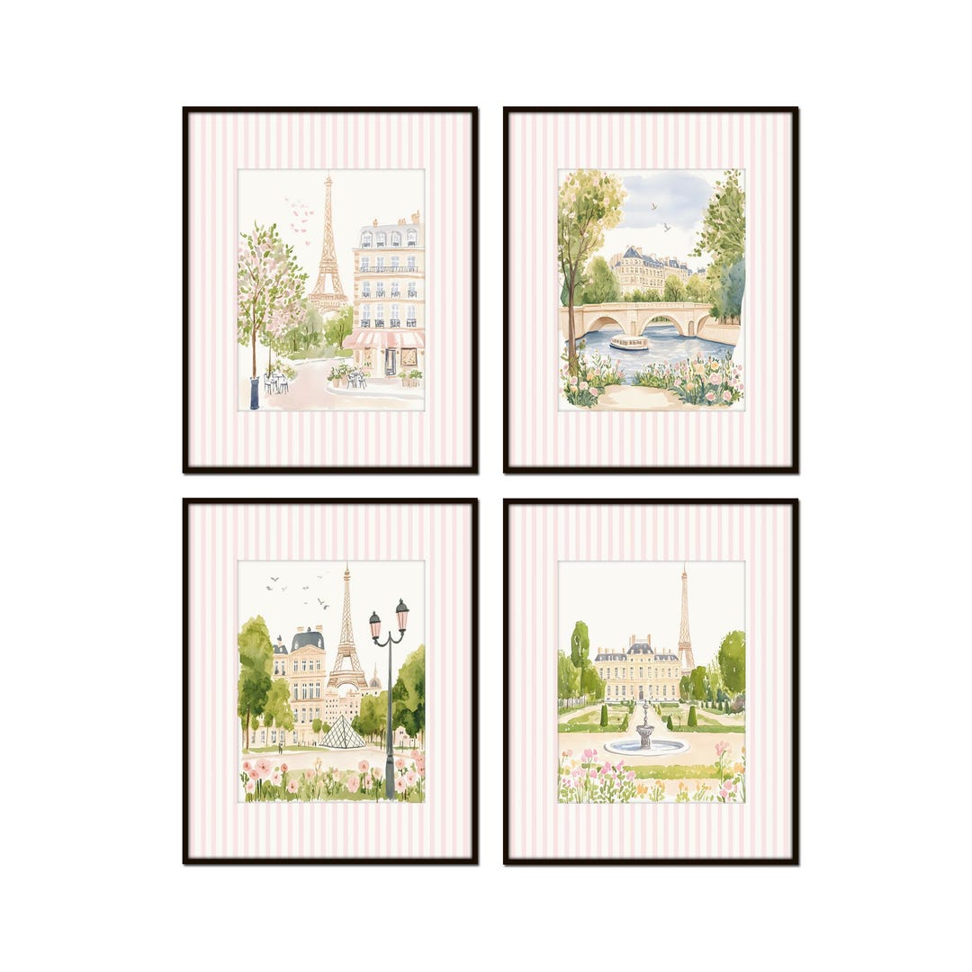 Pink Striped Paris Print Set No. 2, French Cottage Decor, French Travel ...