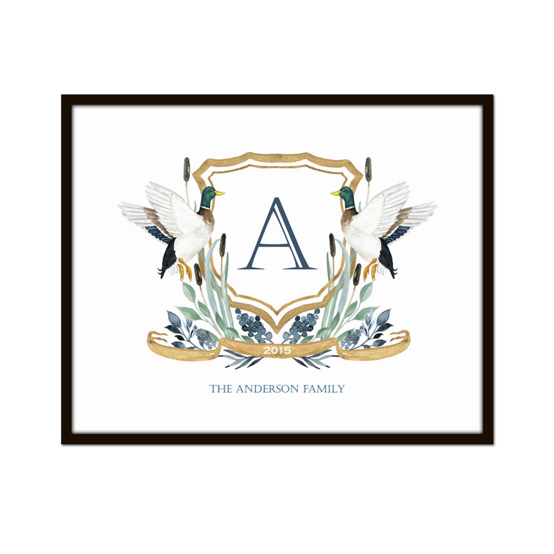 Custom Monogram Print, Mallard Duck Art, Family Crest Print, New Home ...