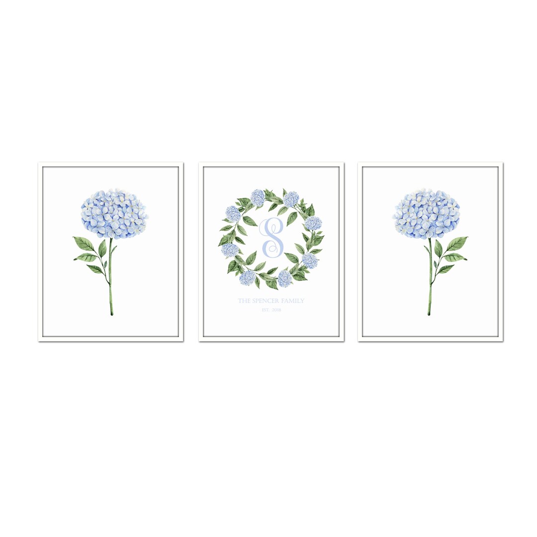 Blue Hydrangea Print Set, Monogram Print, New Home Gift, Decor, Art ...
