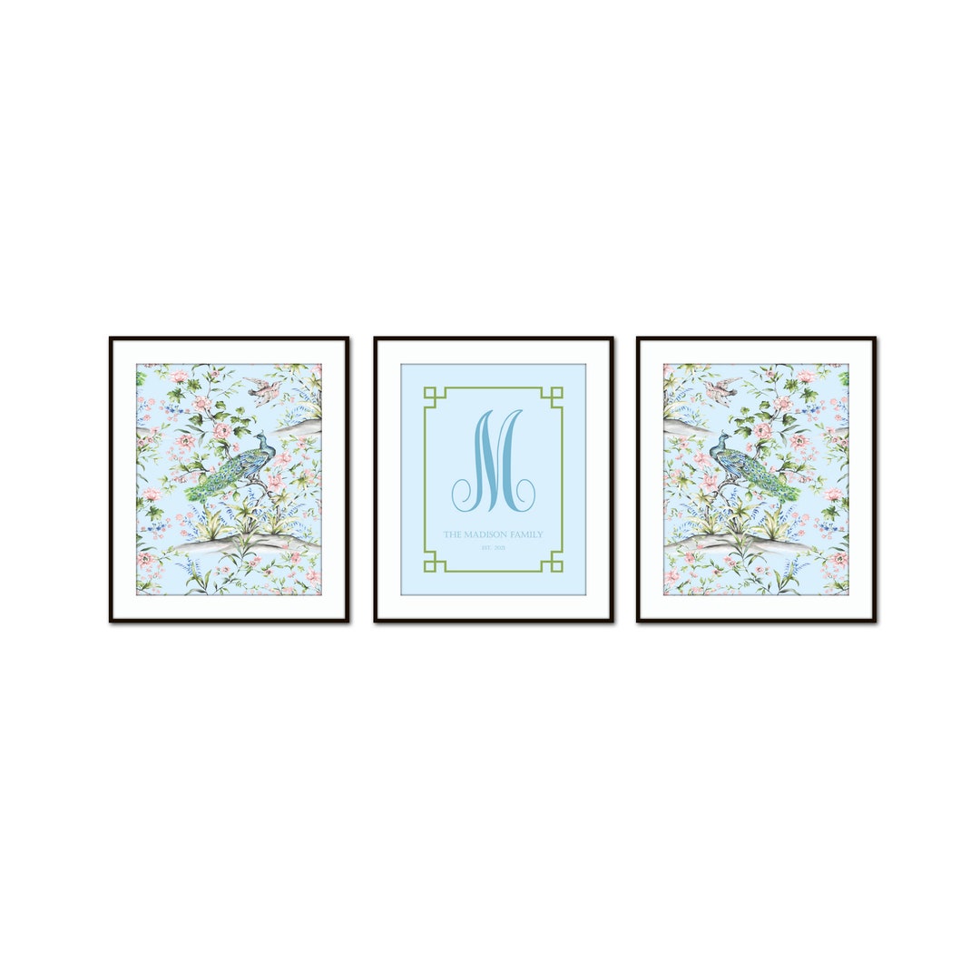 Personalized French Blue Watercolor Chinoiserie Print Set, Home Gift ...