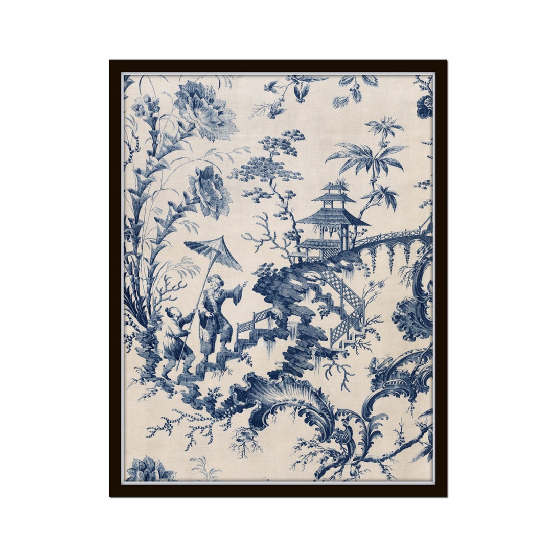 Vintage Chinoiserie Indigo Blue Textile Print, Art Print, Chinoiserie ...