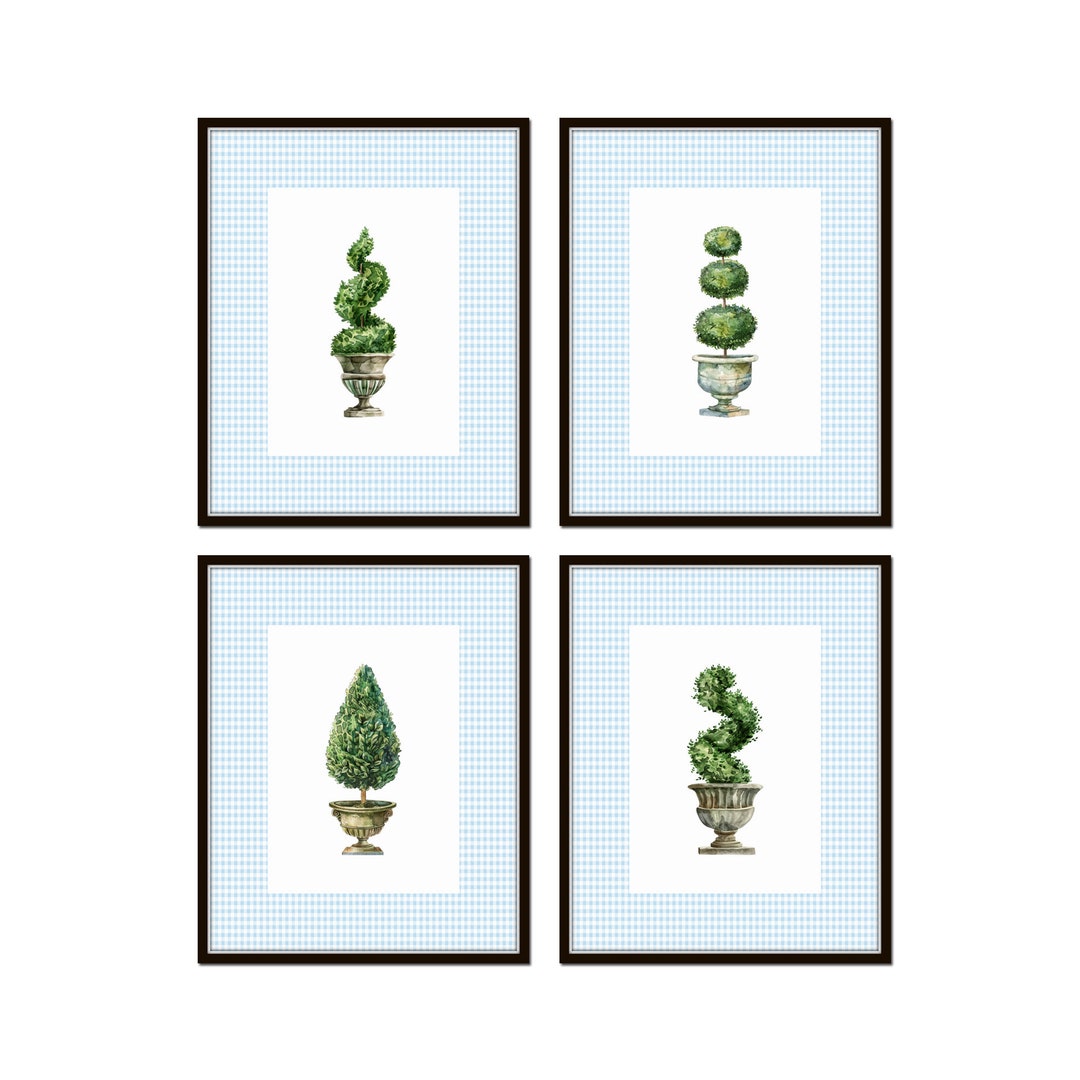 Watercolor Topiary Print Set on Blue Gingham, Chinoiserie, Home Decor ...