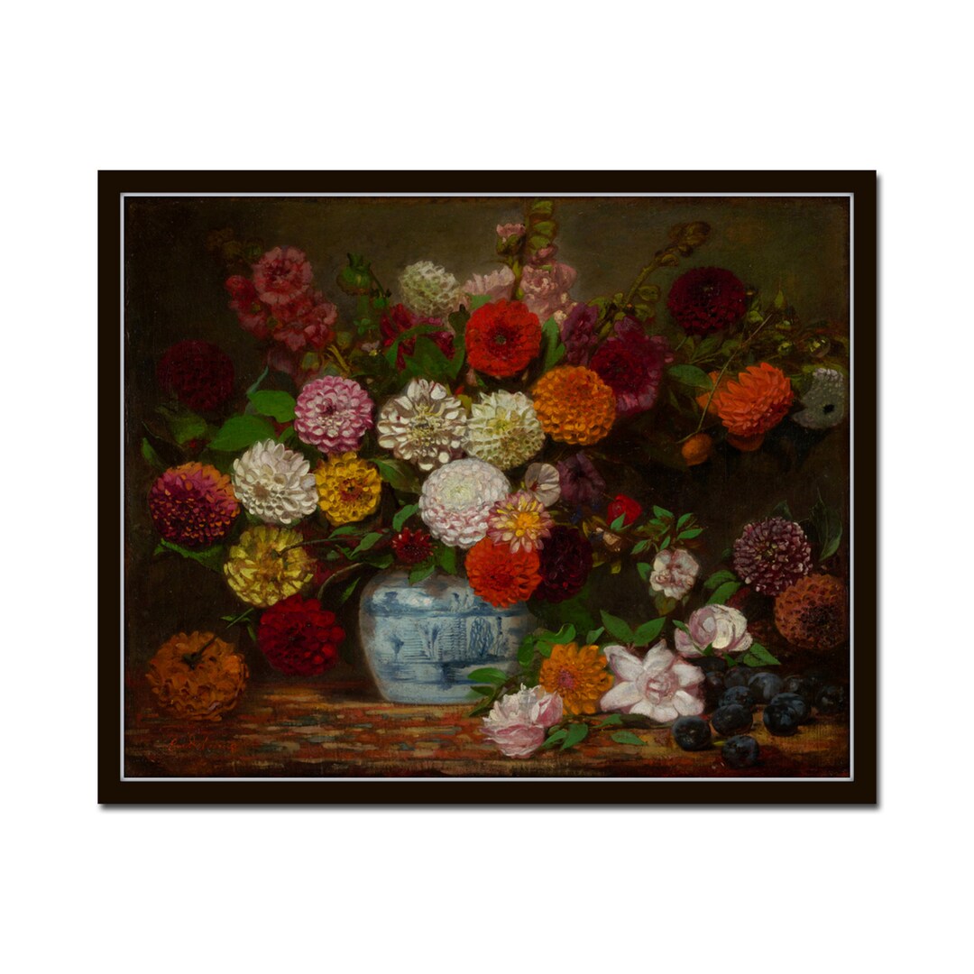 Dahlias in a Porcelain Vase Vintage Still Painting, Chinoiserie Art ...