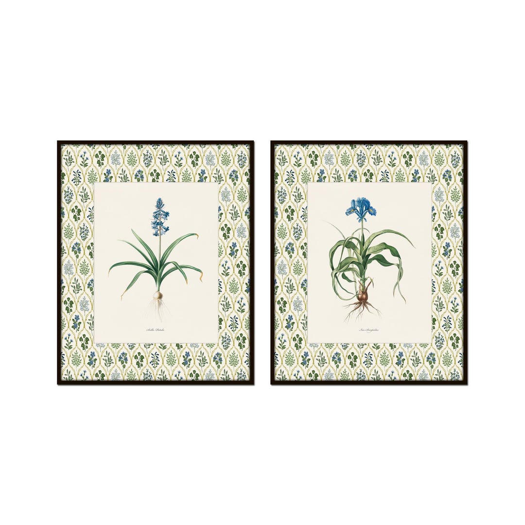 French Blue Botanical Prints With Floral Block Print Border, Blue ...