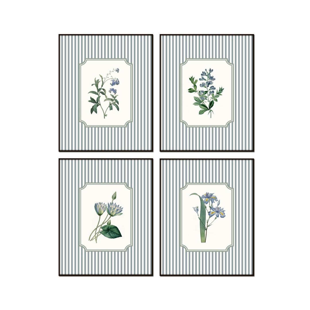 Blue Striped French Botanical Art, French Flower Prints, Botanical Art ...