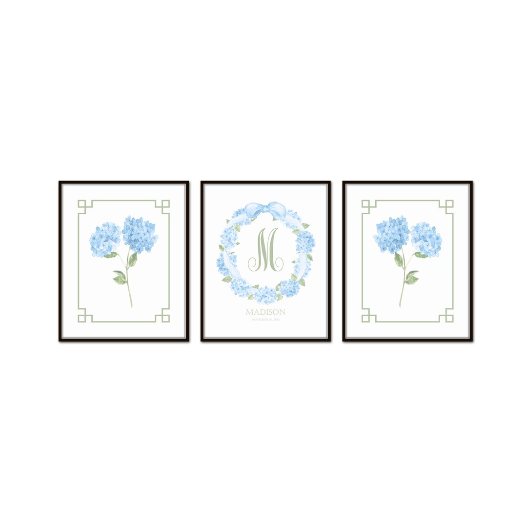 Personalized Watercolor Blue Hydrangea Print Set No. 1, Chinoiserie ...