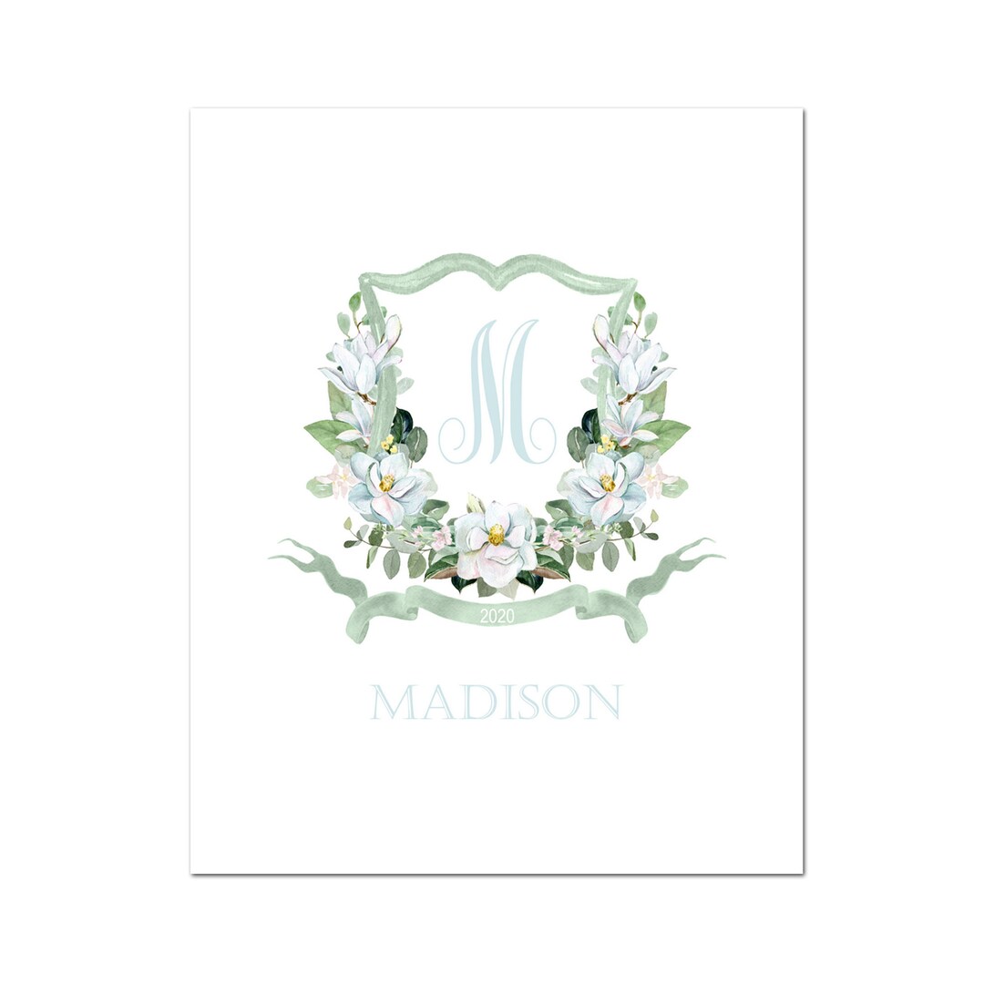 Custom Monogram Magnolia Crest Print, Family Crest Print, New Home Gift ...