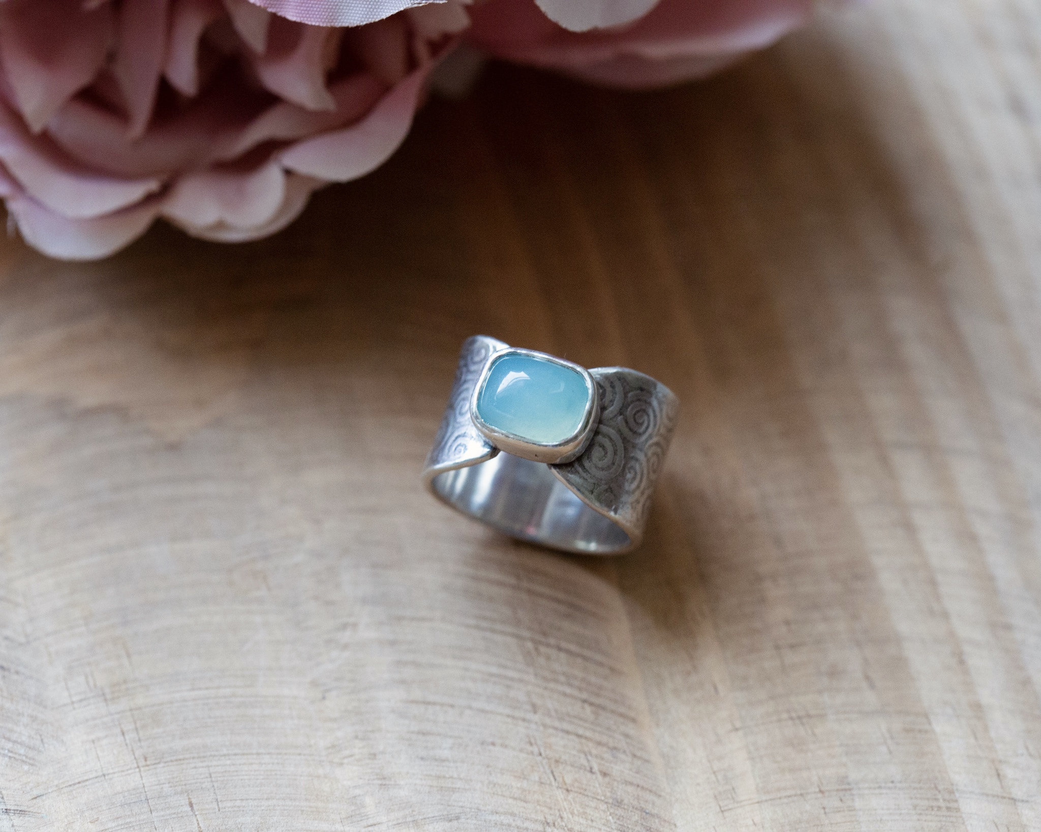 Sterling Silver Aqua Chalcedony Ring Wide band Rings | Etsy