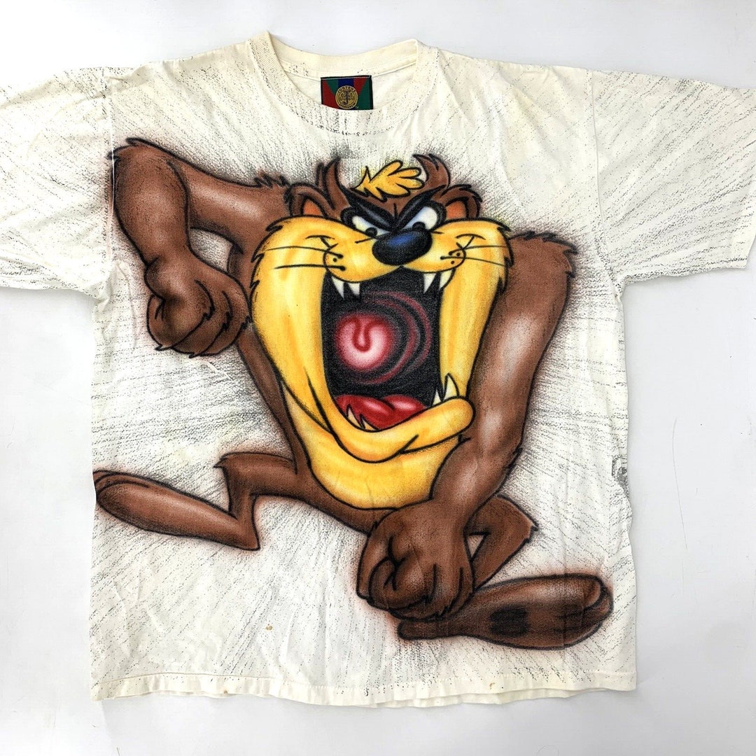 Vtg 90s Jostens Looney Tunes Taz Double Sided Airbrush AOP Print T ...