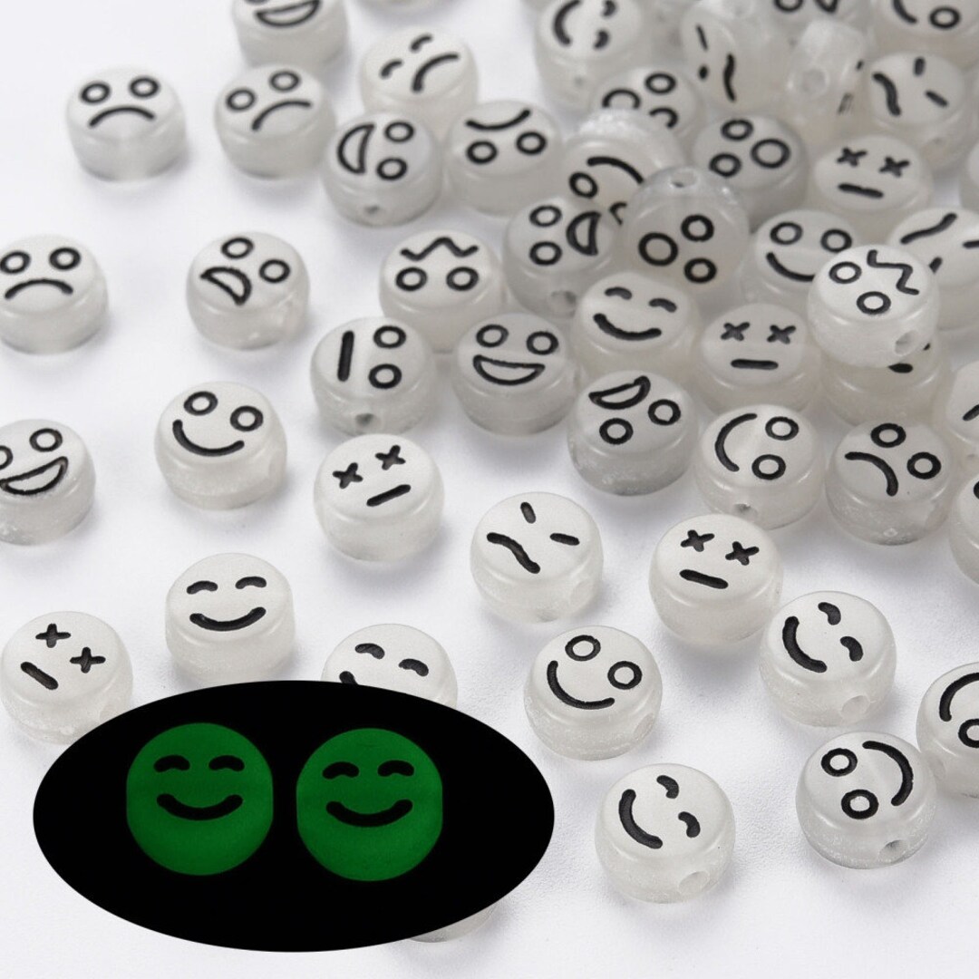 Glow in the Dark, Acrylic Smiley Face Beads, Frowny Face Beads, Wow ...