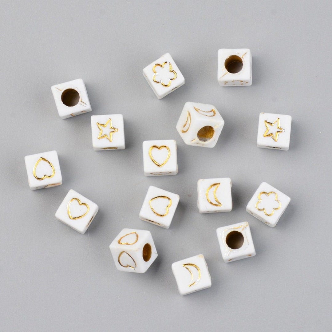 500 Cube Acrylic Symbol Beads, 6mm Gold Stars, Flowers, Heart, Moon ...