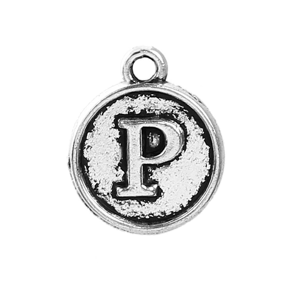 Letter P Charms Antique Silver Tone, Round Initial Charms, 5878, 815 ...