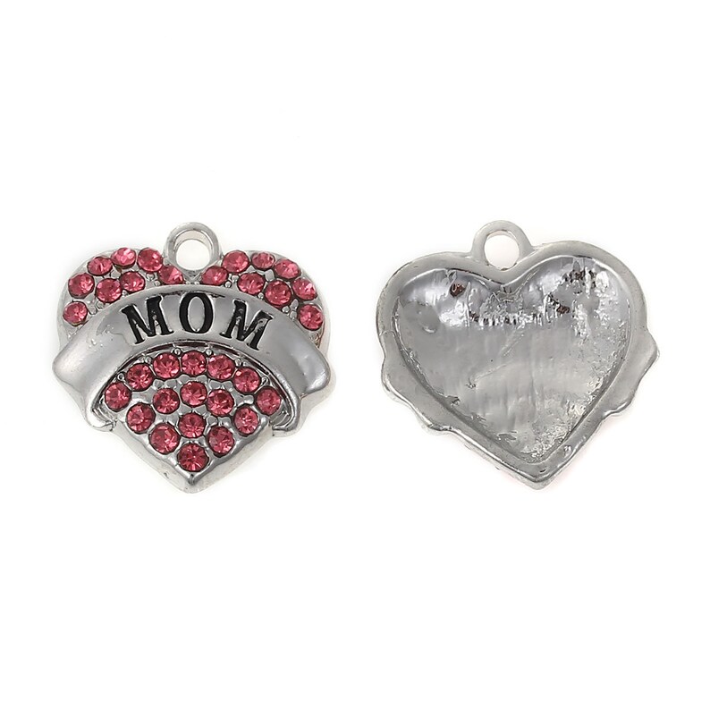 2 Mother Heart Charms Pink Rhinestone Mom Pendant 20mm 6950 | Etsy