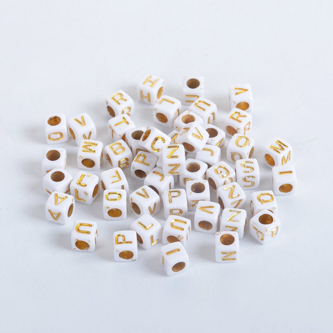 White Cube Letter Beads 6mm, White and Gold Alphabet Beads, Cube Number ...