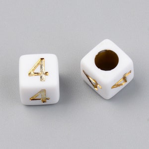 White Cube Letter Beads 6mm, White and Gold Alphabet Beads, Cube Number ...