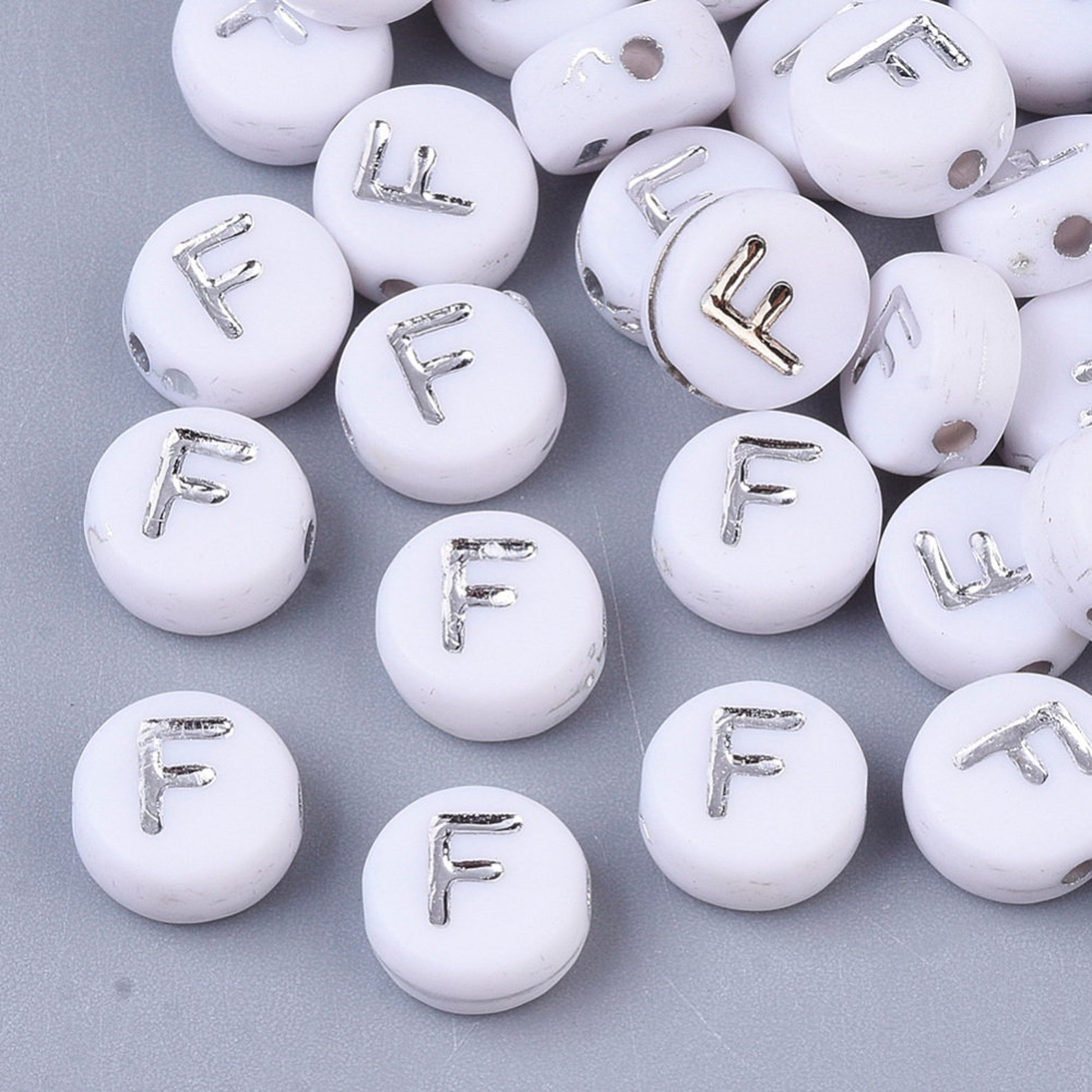 Letter F Beads, 7mm Silver and White Alphabet Beads - Etsy