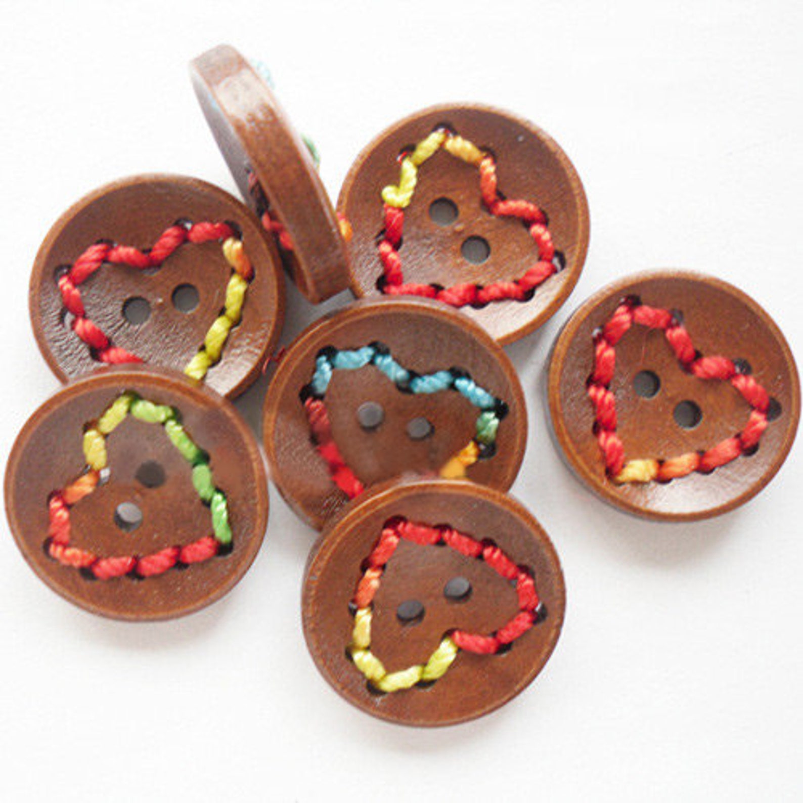 25 Wooden Heart Buttons With Colorful Thread 20mm - Etsy