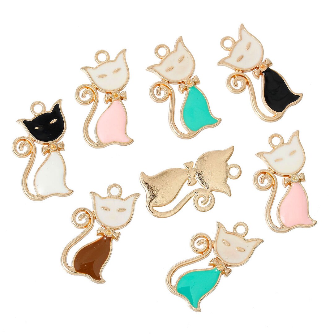 10 Cat Charms Enamel Gold Plated, Cat Lovers, Can Hold Ss4 Rhinestone ...