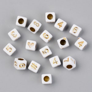 White Cube Letter Beads 6mm, White and Gold Alphabet Beads, Cube Number ...