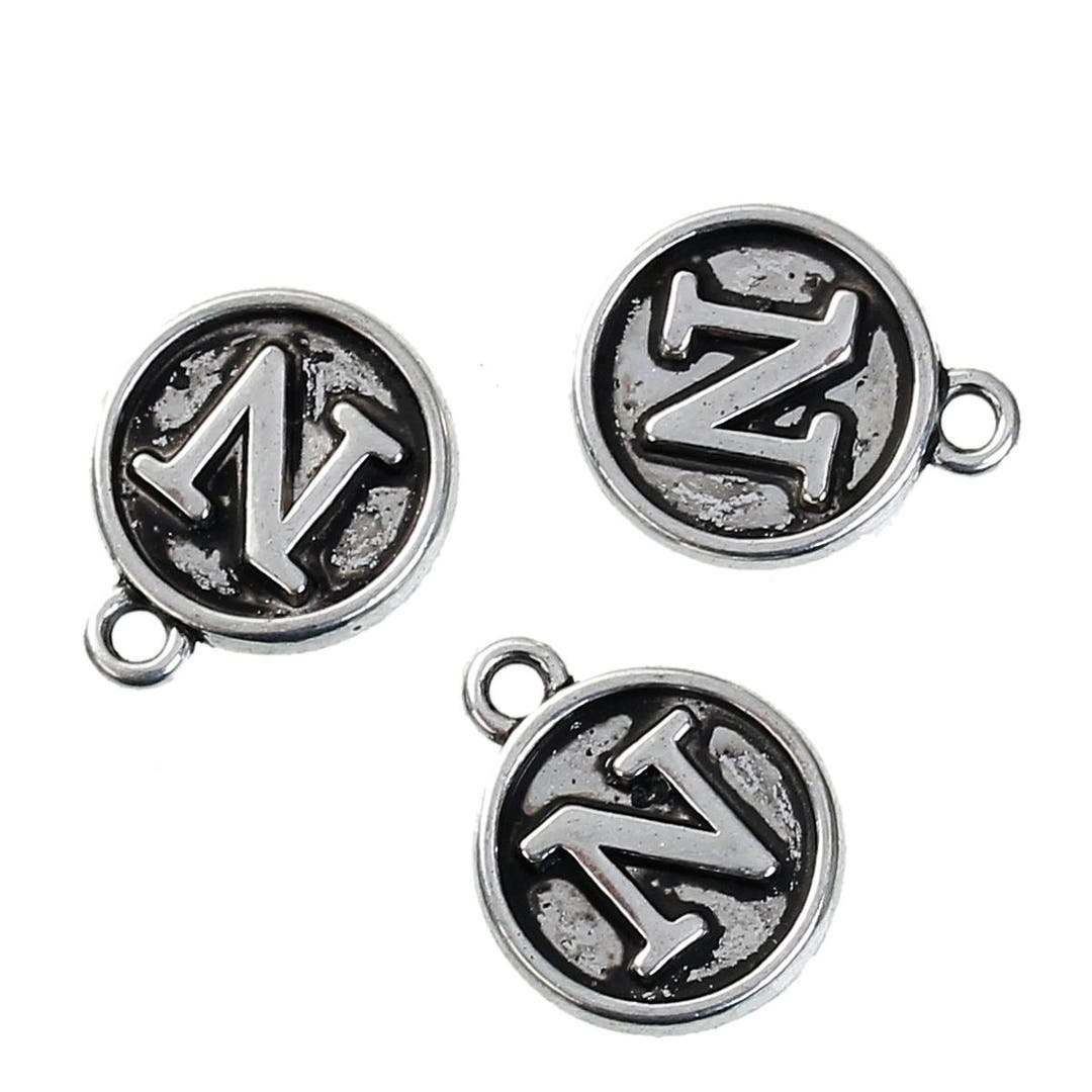 Letter N Charms Antique Silver Tone, Round Initial Charms, Cup Charms ...