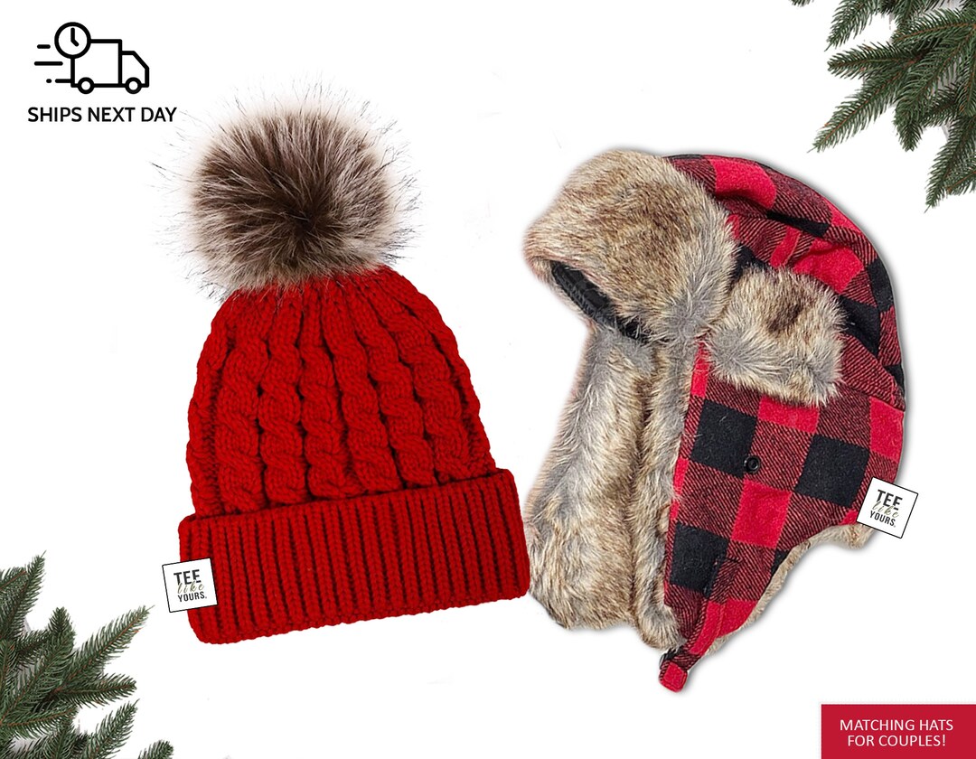 Matching Hats for Couples - Hand Knit Faux Fur Pompom Beanie Hat for ...
