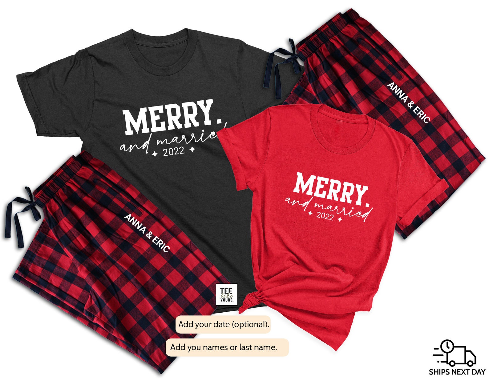 Merry & Married Couple Christmas Pajamas | Personalized Couple Matching ...