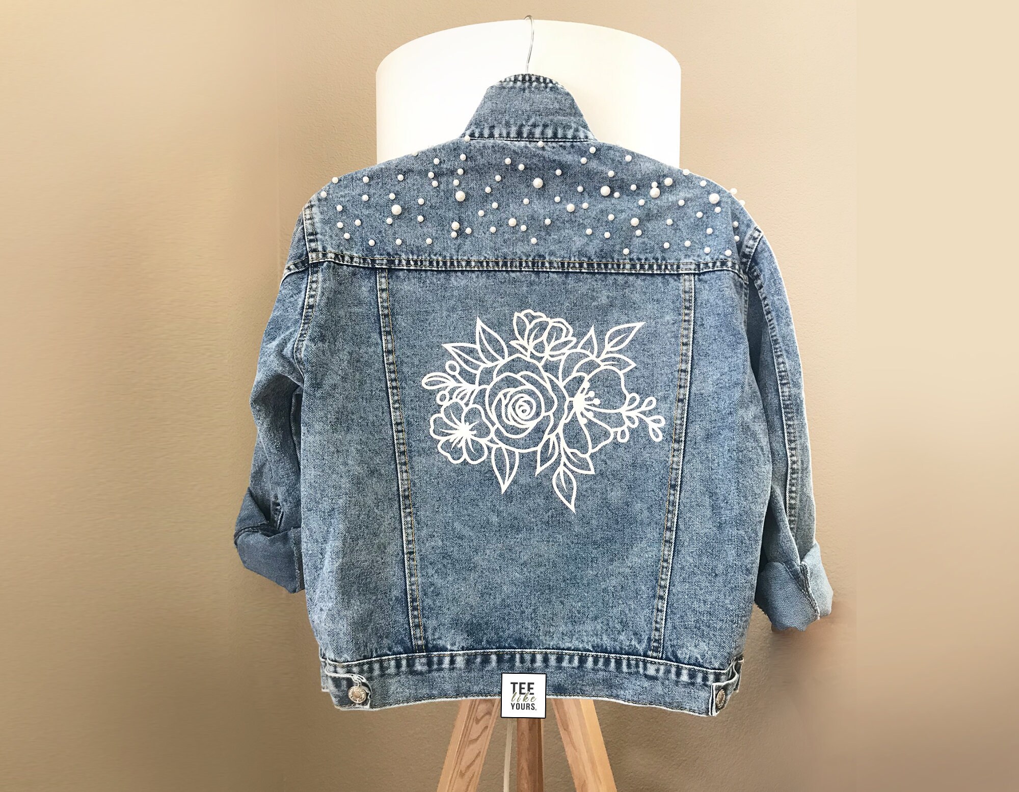 Flower Denim Jacket Embroidered Pearls Vintage Cropped Denim | Etsy