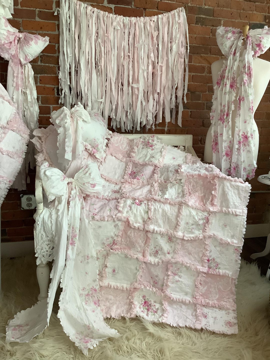 Cottage Roses Pink and White Washed Cotton Rag Patchwork Crib Quilt - Etsy