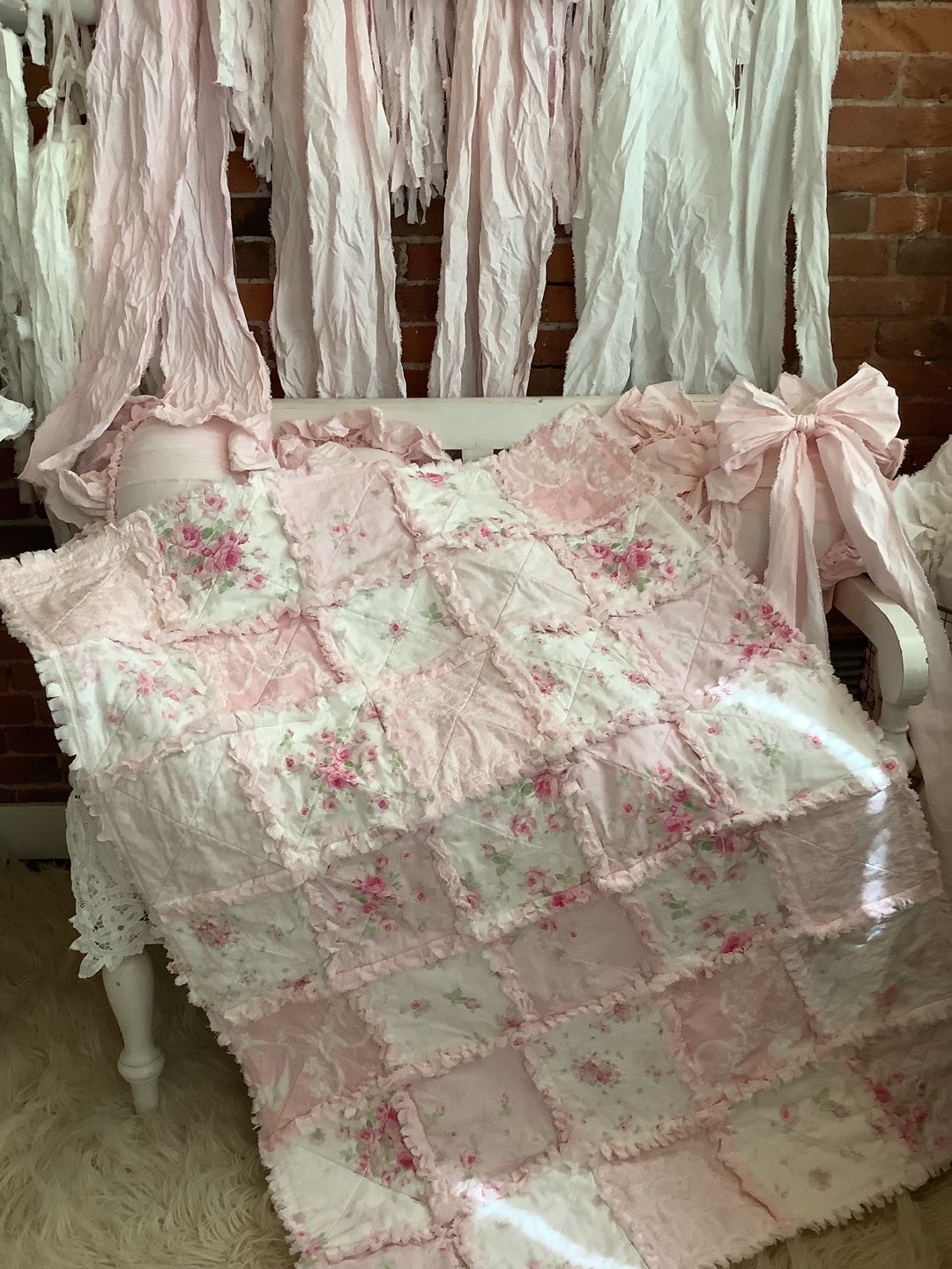 Cottage Roses Pink and White Shabby Rag Baby Crib or Lap Patchwork ...