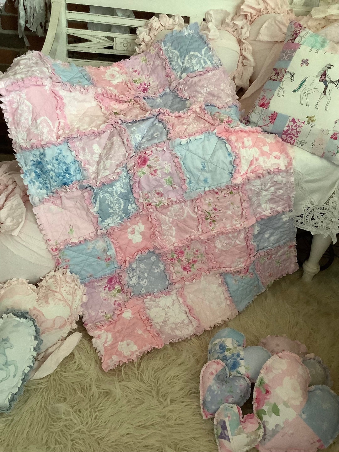 Sweet Pastel Patchwork Rag Baby Crib Quilt Pink Blue Lilac Lavender ...