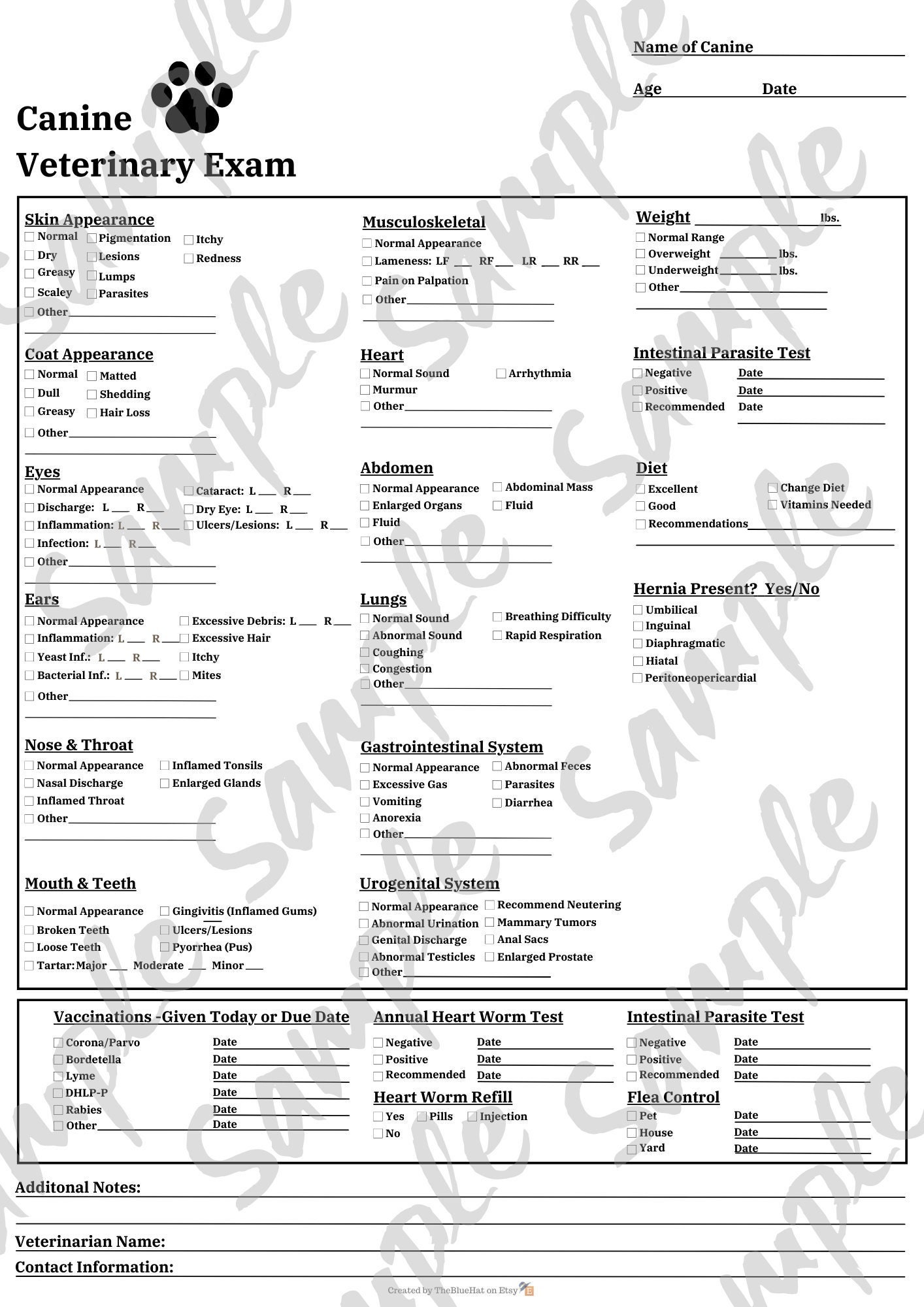 Canine Vet Exam Form - Etsy