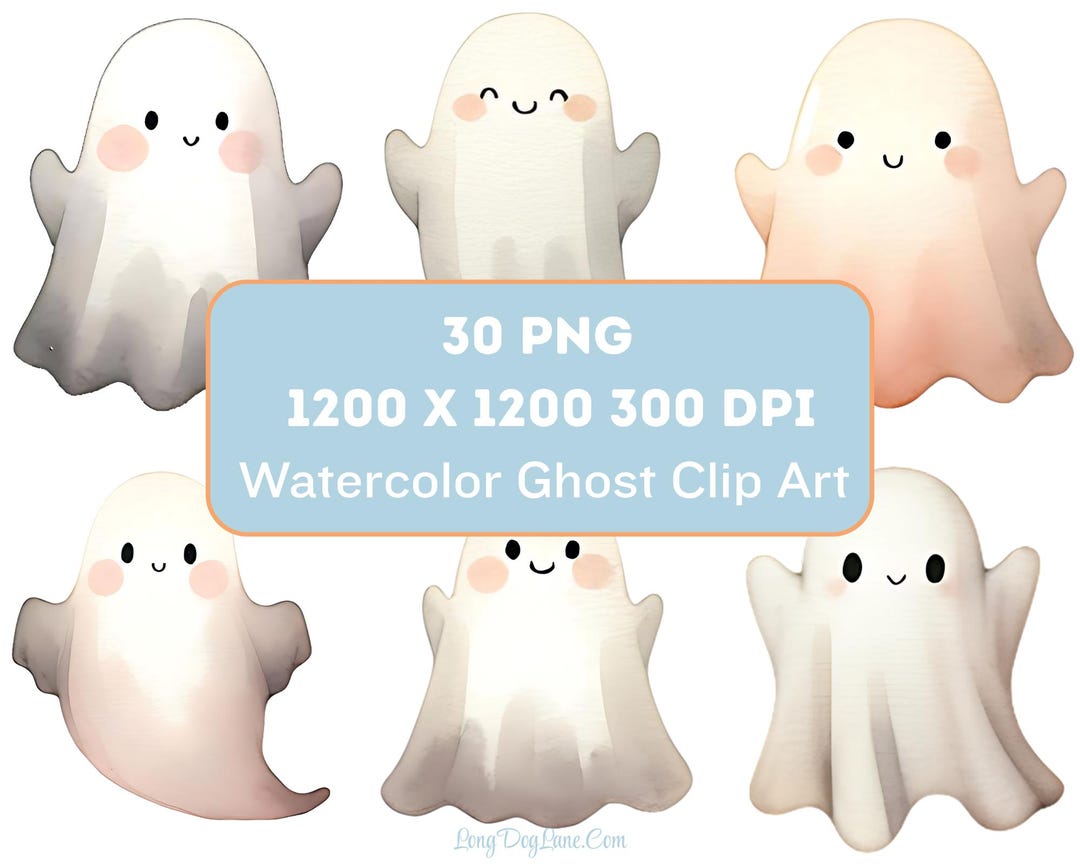 Watercolor Ghost Clip Art Bundle 30 Halloween PNG Spooky Cute Ghosts ...