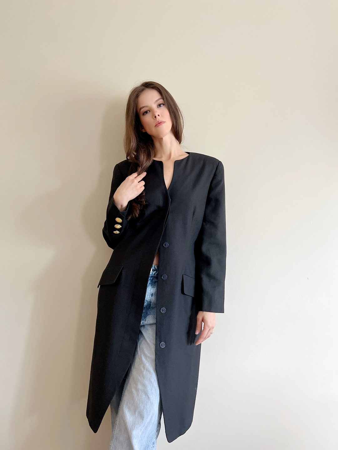 90s Linen Blend Blazer – Vintage Long Minimalist Light Jacket - Etsy
