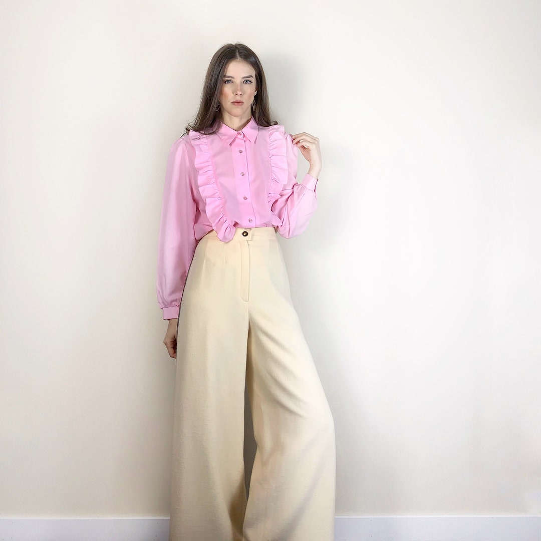 Vintage 70s Ruffle Blouse. 1970 Pastel Pink Button Front Ruffle Trim ...