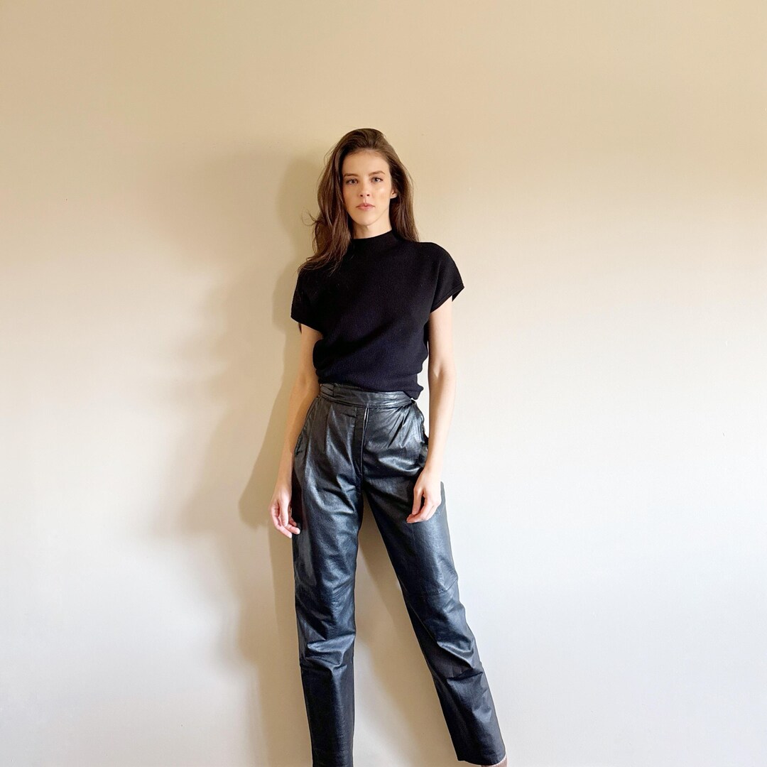 80s Black Real Leather High Waisted Trouser Pants. 1980 Leather Retro ...