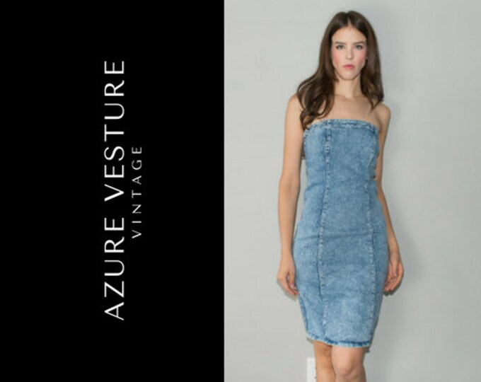 80s 90s Acid Wash Denim Dress, 1980s 1990s Retro Strapless Dress Small ...