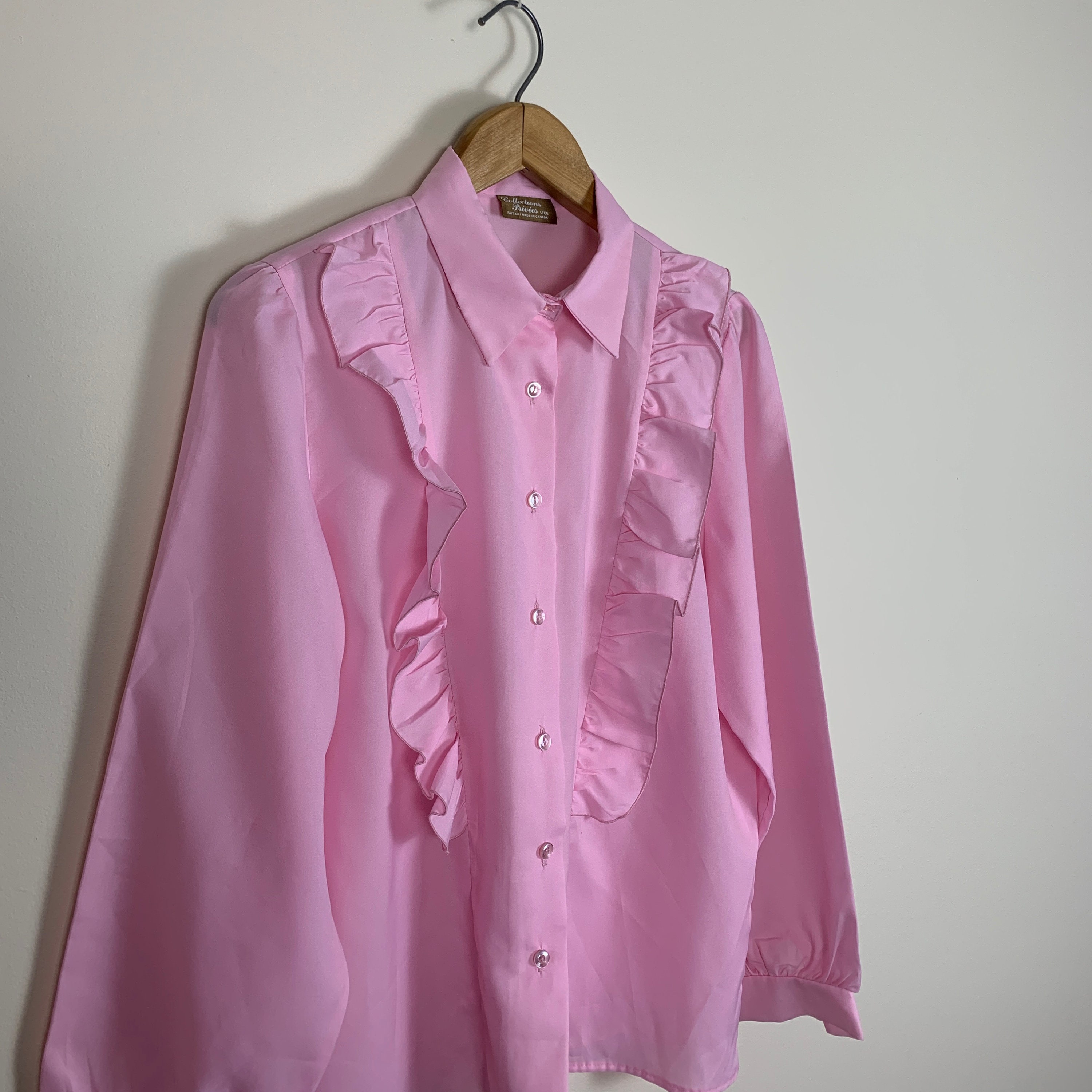 Vintage 70s Ruffle Blouse. 1970 Pastel Pink Button Front Ruffle Trim ...