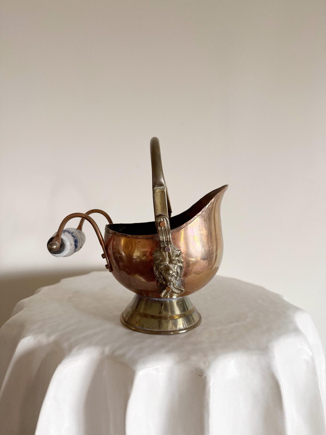Vintage Copper Coal Scuttle Small Bucket With Ceramic Handle & Lion ...