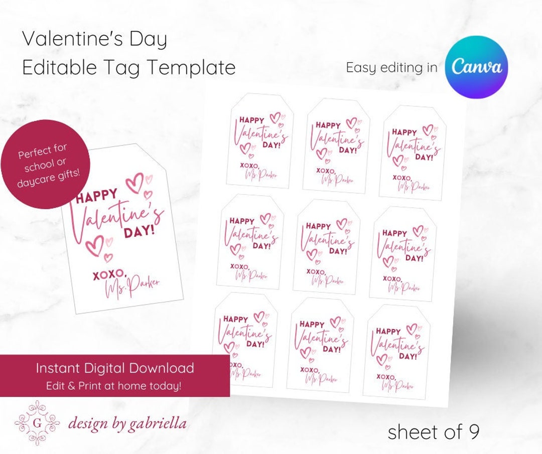 Editable Valentine's Day Gift Tag, Happy Valentine Tag, School ...