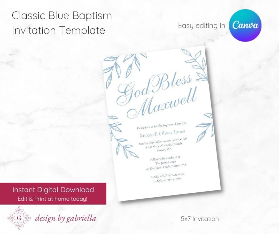 Classic Blue Baptism Invitation, Editable Blue Christening Invite ...