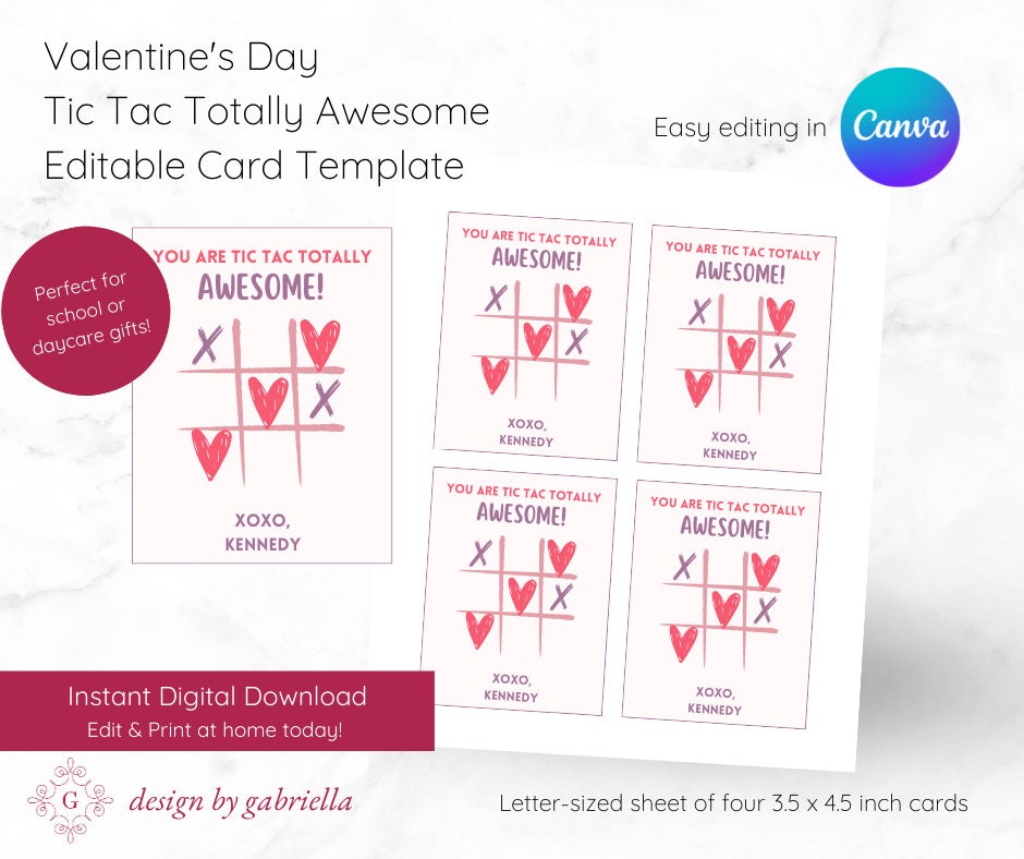 Editable Tic Tac Totally Awesome Valentine's Day Cards, Happy Valentine ...