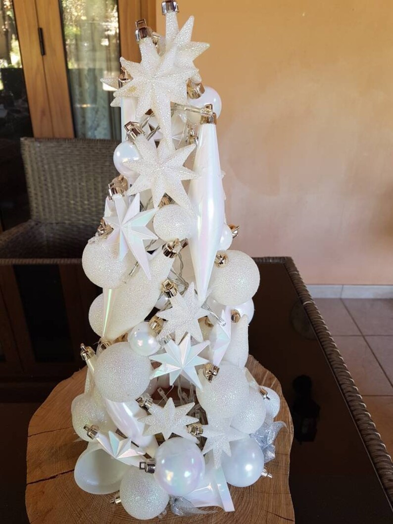 Christmas Lighted Table Top Tree Crystal White With Ornaments - Etsy