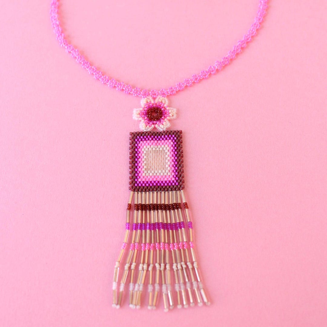 Ava Beaded Necklace Pink / Delica, Seed Beads, Pendant, Statement ...