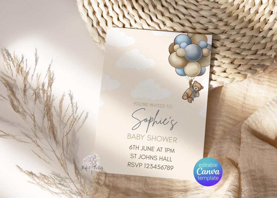 Editable Blue Teddy Bear Baby Shower Invitation – 1st Birthday Party ...