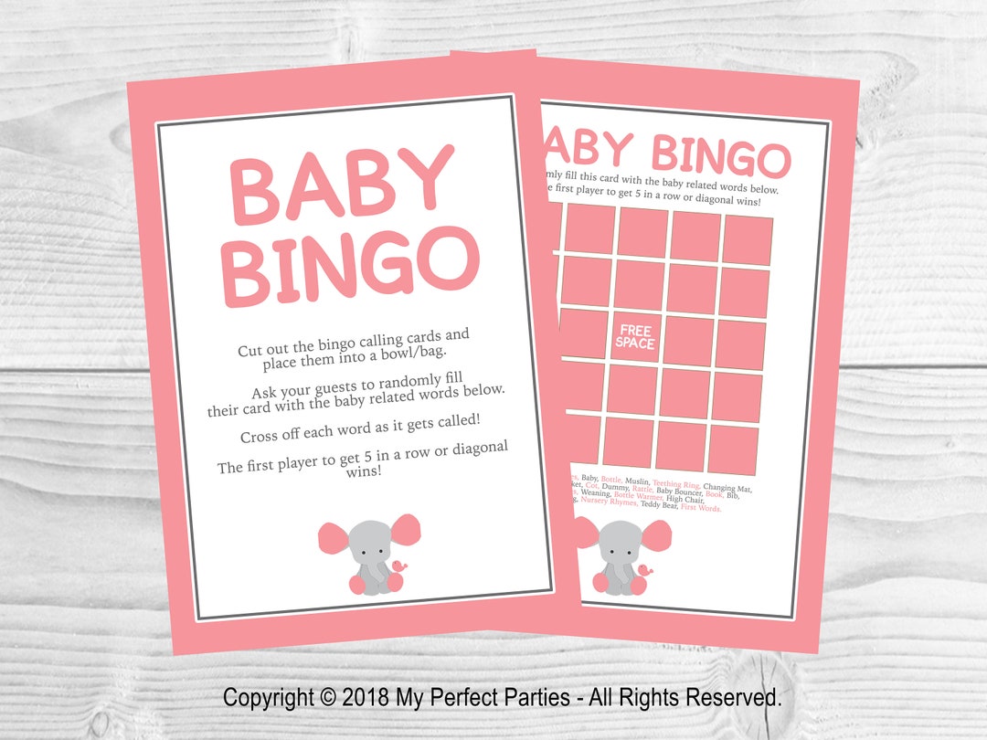 Pink Elephant, Baby Girl, Baby Bingo, Baby Shower, Bingo, Baby Shower ...