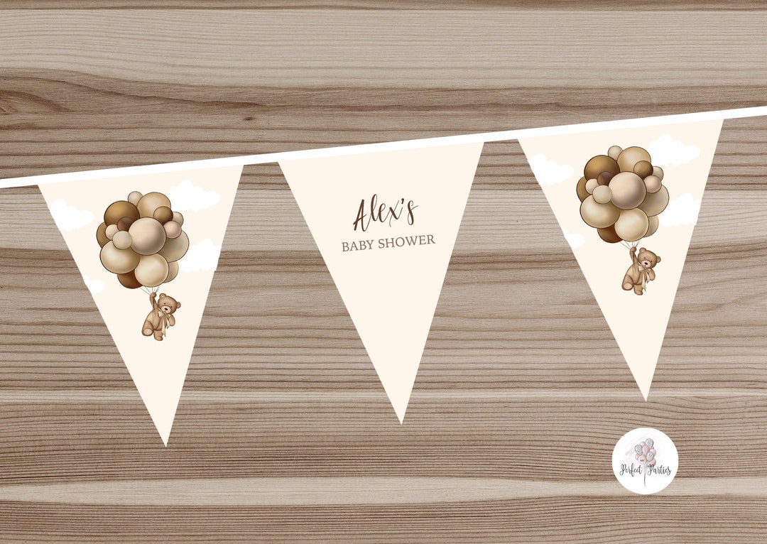 Personalised Neutral Teddy Bear Bunting – Baby Shower & Birthday Banner ...
