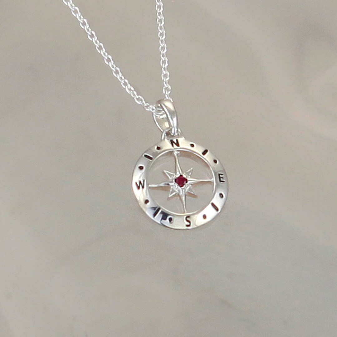 July Birthstone Reversible Compass Necklace in Sterling Silver With ...