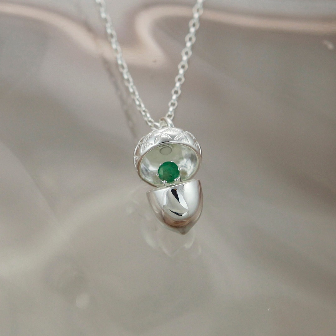 Sterling Silver Acorn Locket: Emerald May Birthstone Necklace - Etsy